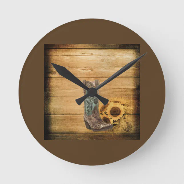 Weathered Western Country sunflower cowboy boot Round Clock | Zazzle