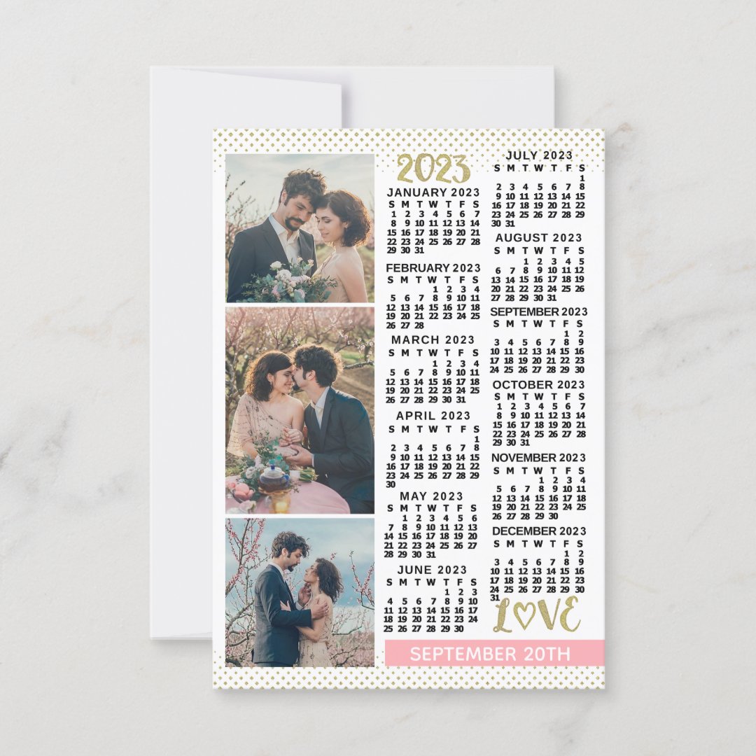 Wedding 2023 Calendar Blush Pink Gold 3 Photos Save The Date | Zazzle