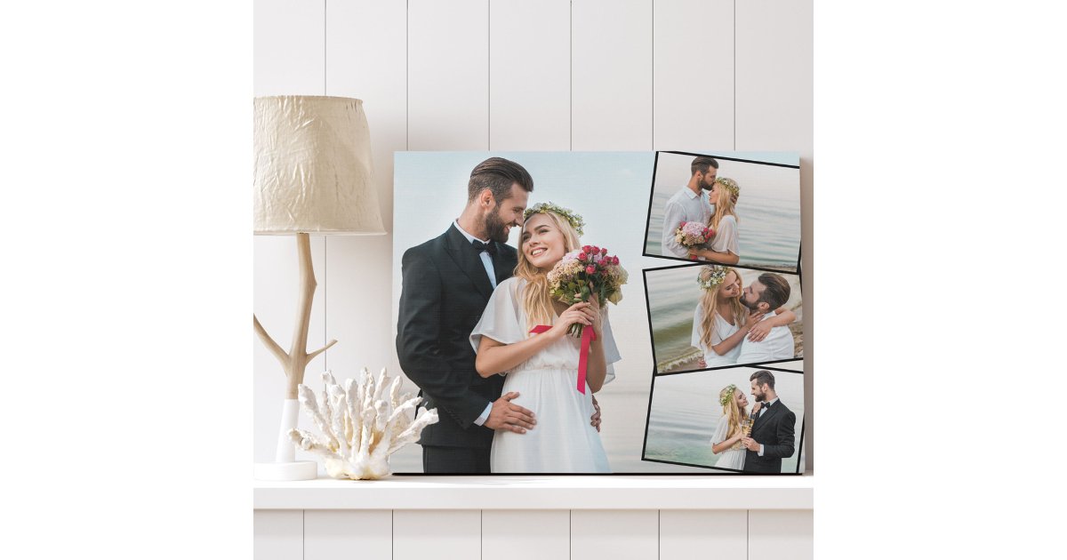 Wedding 4 Photo Collage with Vertical ZigZag Faux Canvas Print | Zazzle