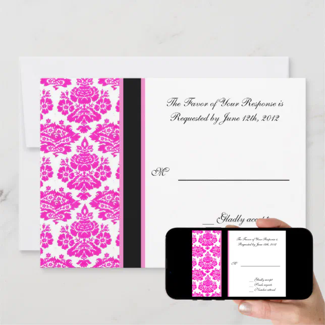 wedding acceptance card, pink damask invitation | Zazzle