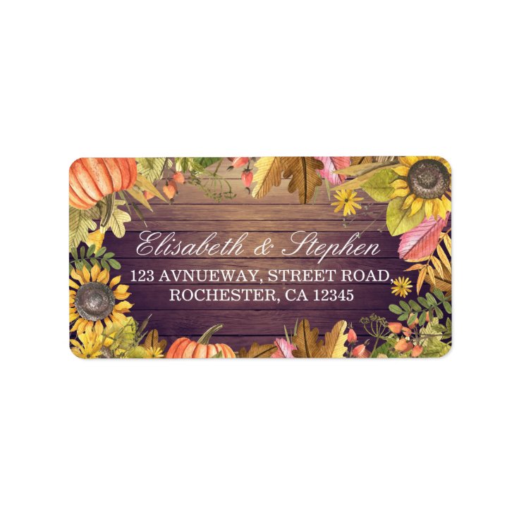 Wedding Address Autumn Maple Leaves Pumpkins Wood Label | Zazzle