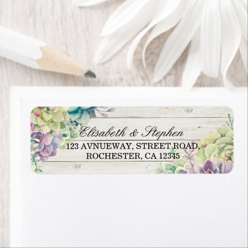 Wedding Address Watercolor Succulents Rustic Wood Label | Zazzle