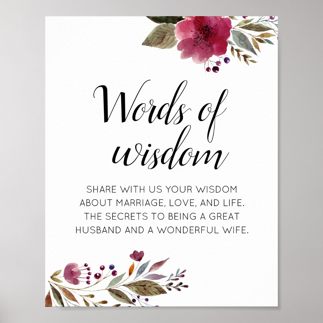 Wedding Advice Words of Wisdom Burgundy Floral Poster | Zazzle