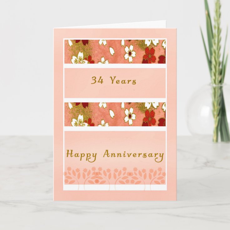 Wedding Anniversary Card 34th Year Peach Flowers | Zazzle