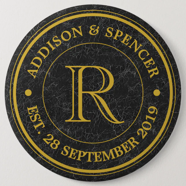Wedding Anniversary Gold Monogram Black Leather Pinback Button | Zazzle