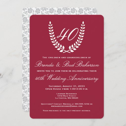 Wedding Anniversary - Ruby Red with White Laurel Invitation | Zazzle