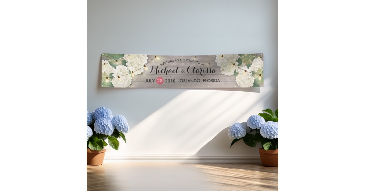 Wedding Banner Flowers & String Lights Rustic Wood | Zazzle