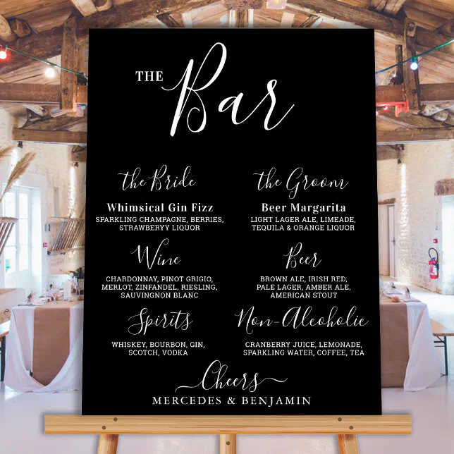 Wedding Bar Black Personalized Modern Drinks Menu Foam Board | Zazzle