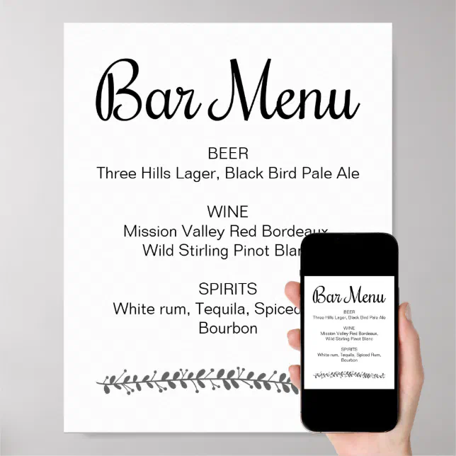 Wedding Bar Menu Elegant Reception Sign | Zazzle