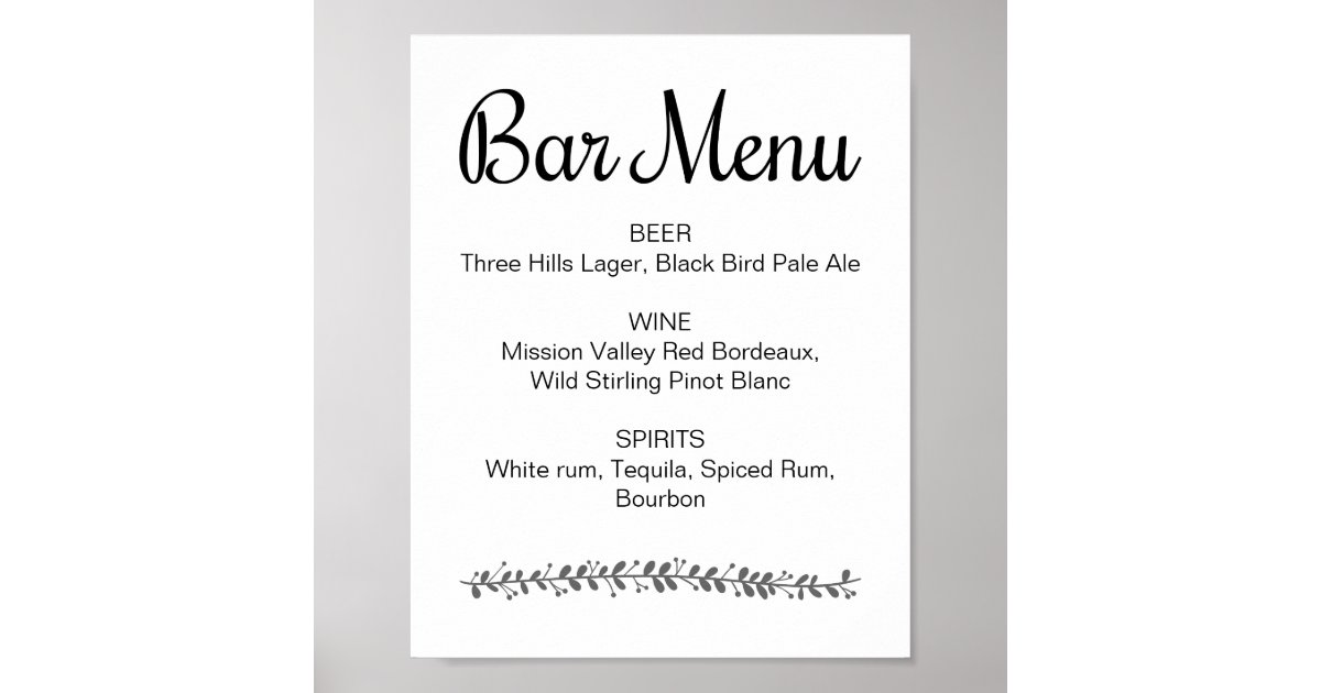 Wedding Bar Menu Elegant Reception Sign | Zazzle
