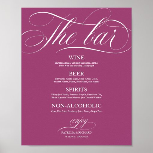 Wedding Bar Menu Sign Chic Pink Cassis | Zazzle