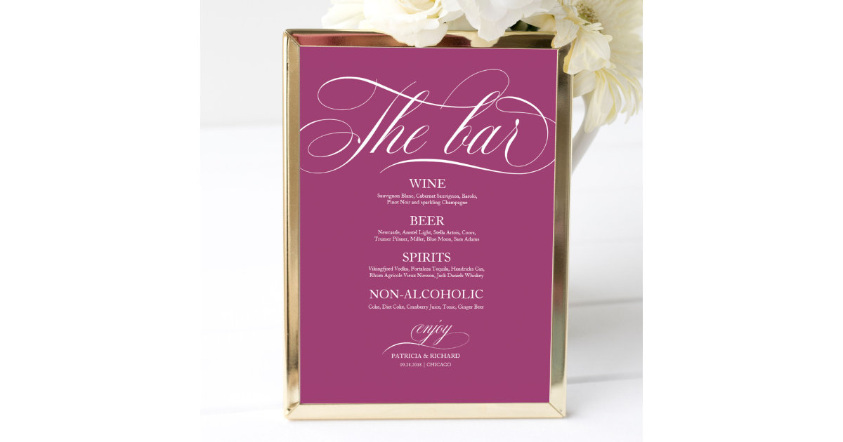 Wedding Bar Menu Sign Chic Pink Cassis | Zazzle