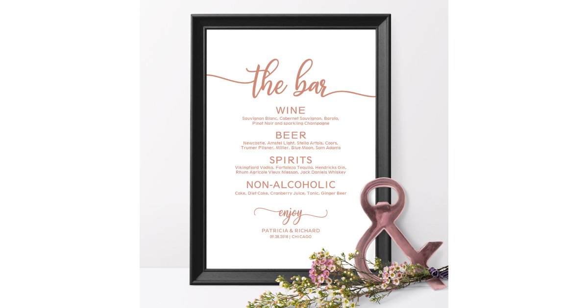 Wedding Bar Menu Sign Rose Gold Calligraphy | Zazzle