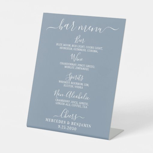 Wedding Bar Personalized Dusty Blue Drink Menu Pedestal Sign | Zazzle