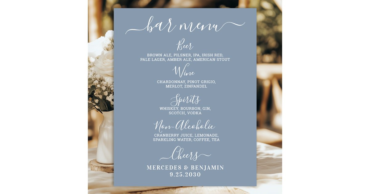 Wedding Bar Personalized Dusty Blue Drink Menu Poster | Zazzle