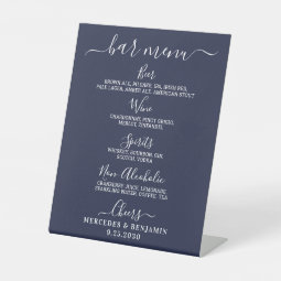 Wedding Bar Personalized Navy Blue Drink Menu Pedestal Sign | Zazzle