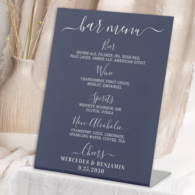 Wedding Bar Personalized Navy Blue Drink Menu Pedestal Sign | Zazzle