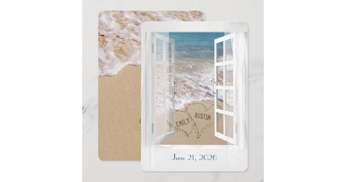Wedding Beach Hearts in Window Invitation | Zazzle