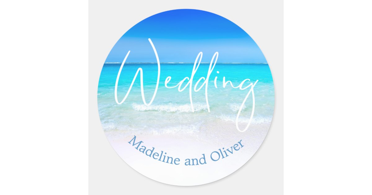 Wedding Beach Ocean Blue Sand Modern Destination Classic Round Sticker ...