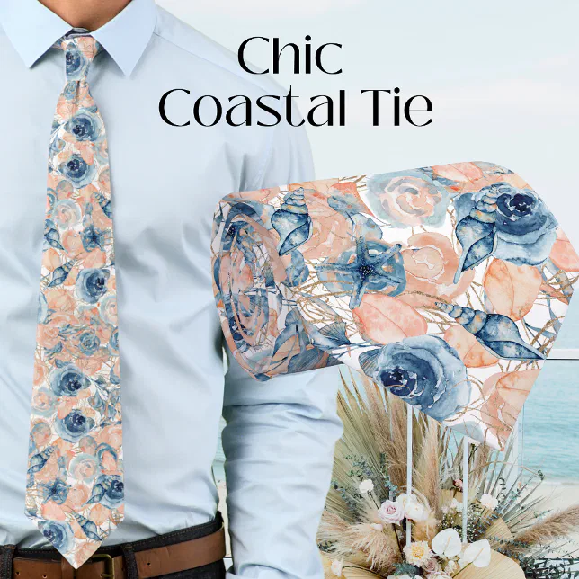 Wedding Beach Shell Floral Blue Blush White Neck Tie | Zazzle