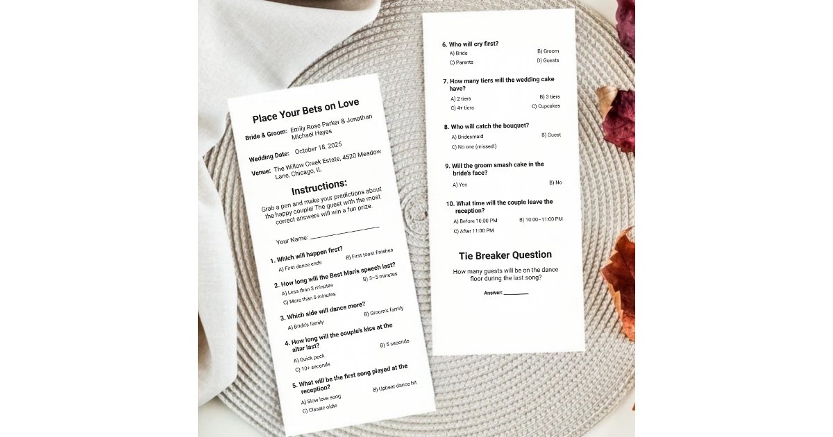 [Wedding Betting Sheet] Wedding Prop Bets Game Card | Zazzle