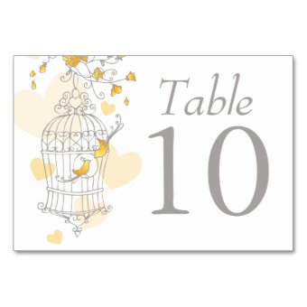 Wedding birds birdcage grey yellow table numbers | Zazzle
