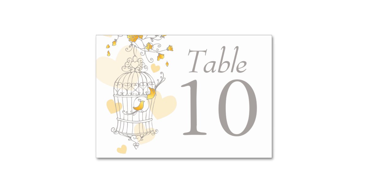 Wedding birds birdcage grey yellow table numbers | Zazzle