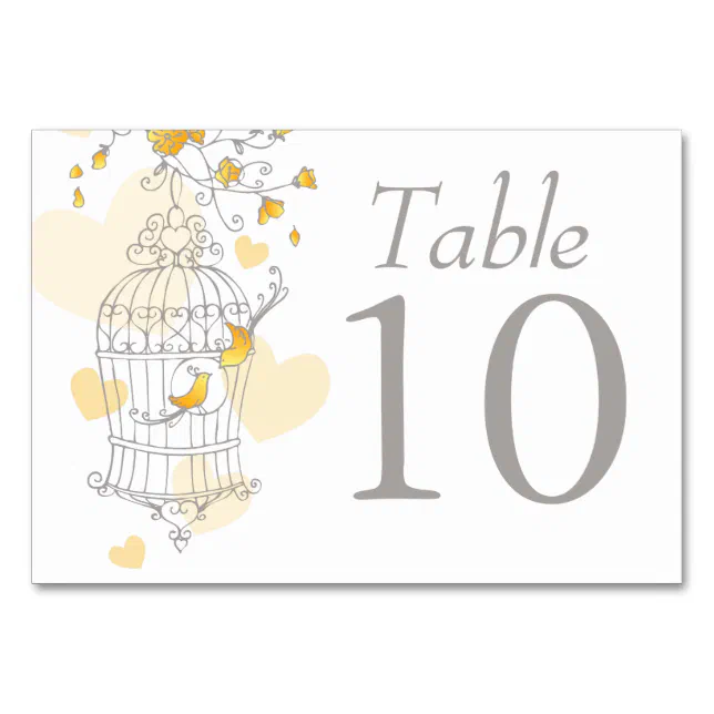 Wedding birds birdcage grey yellow table numbers | Zazzle