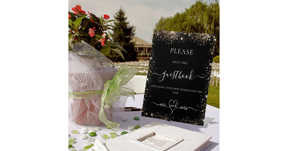 Wedding black gold glitter guest book sign | Zazzle