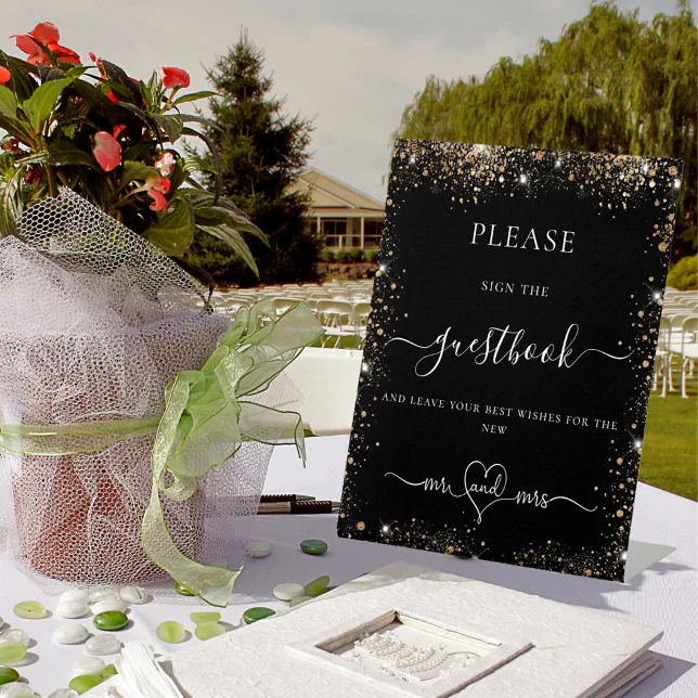 Wedding black gold glitter guest book sign | Zazzle