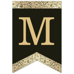 Wedding Black Gold Names Elegant Vintage Floral B Bunting Flags | Zazzle