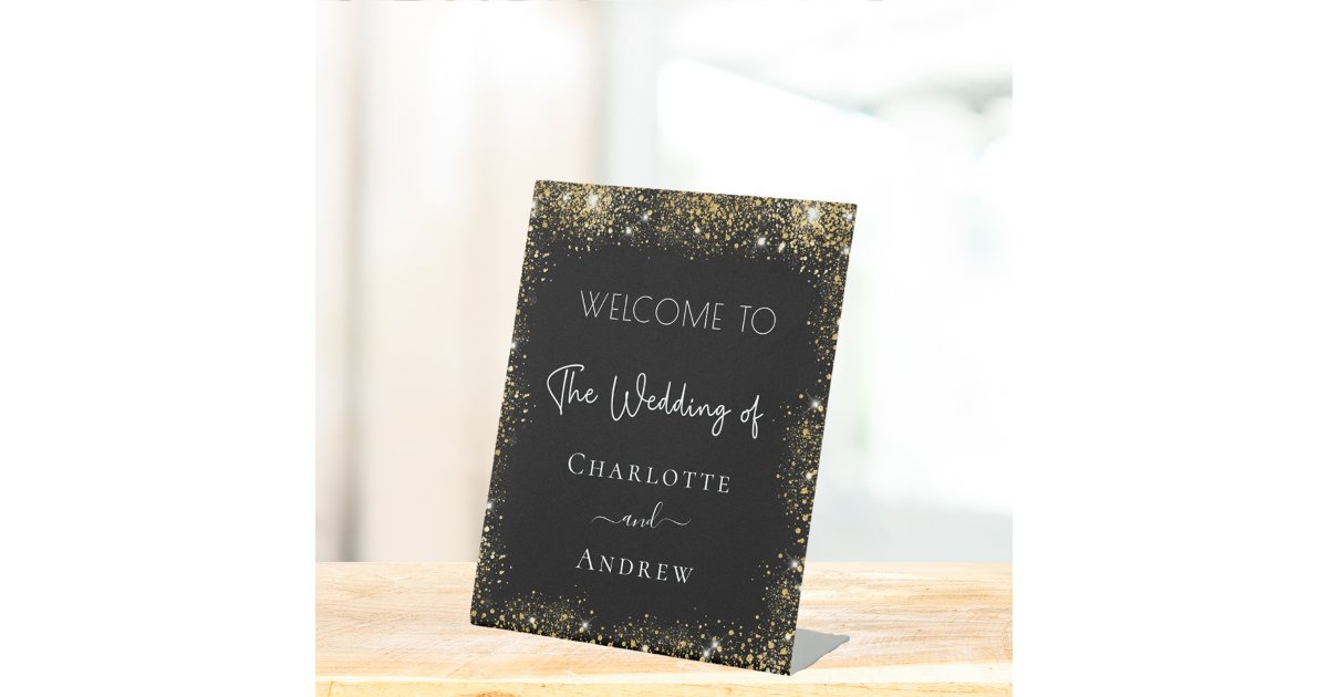 Wedding black gold sparkles welcome pedestal sign | Zazzle