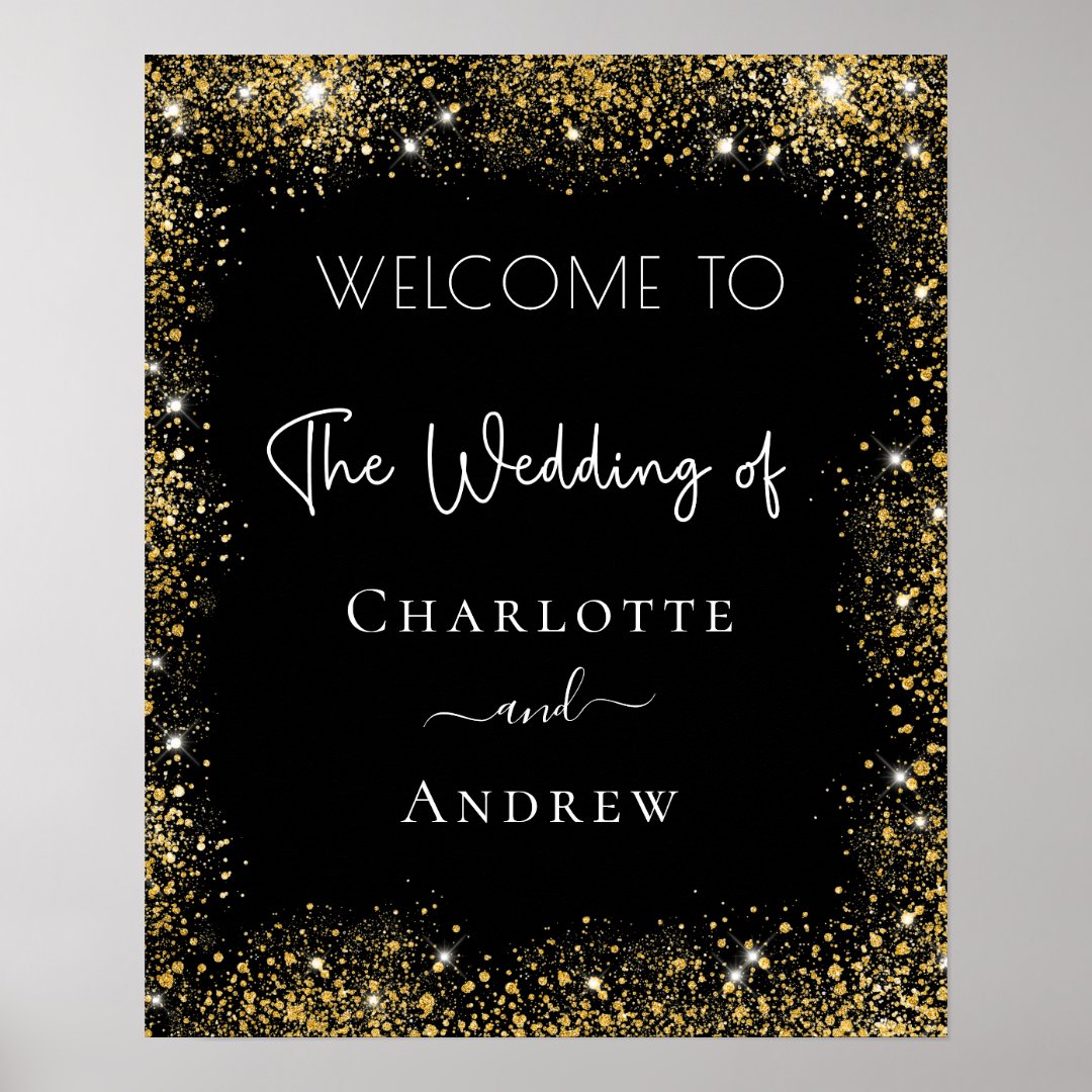 Wedding black gold sparkles welcome poster | Zazzle