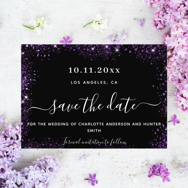 Wedding black purple glitter save the date | Zazzle