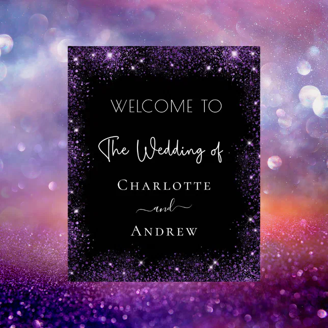 Wedding black purple sparkles welcome poster | Zazzle