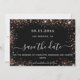 Wedding black rose gold glitter save the date | Zazzle