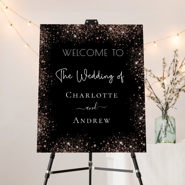 Wedding black rose gold glitter welcome foam board | Zazzle