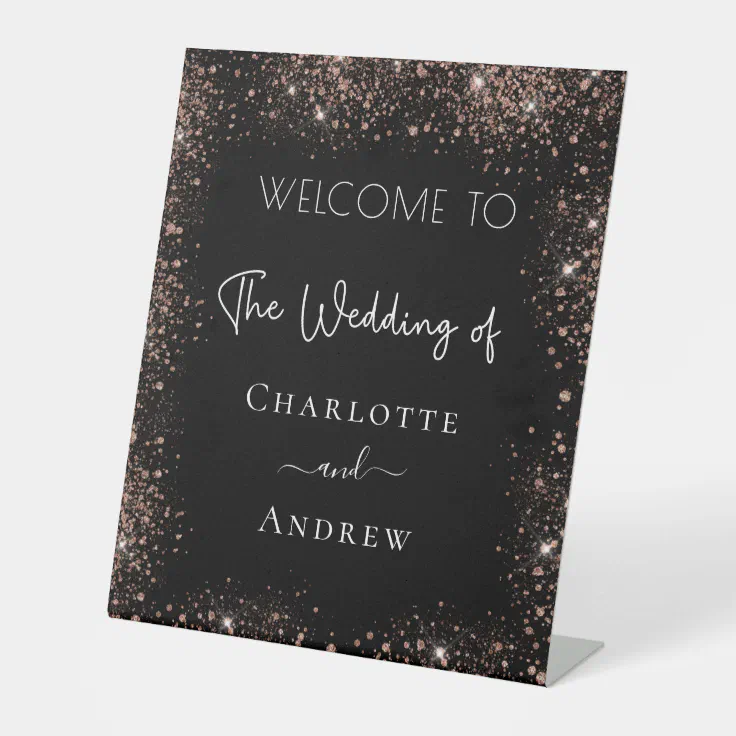 Wedding black rose gold glitter welcome pedestal sign | Zazzle