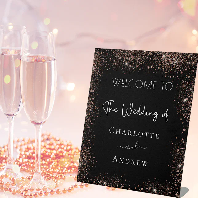 Wedding black rose gold glitter welcome pedestal sign | Zazzle