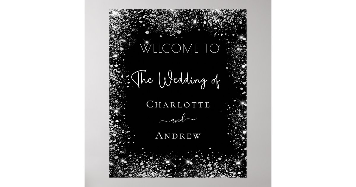 Wedding black silver glitter welcome sign | Zazzle