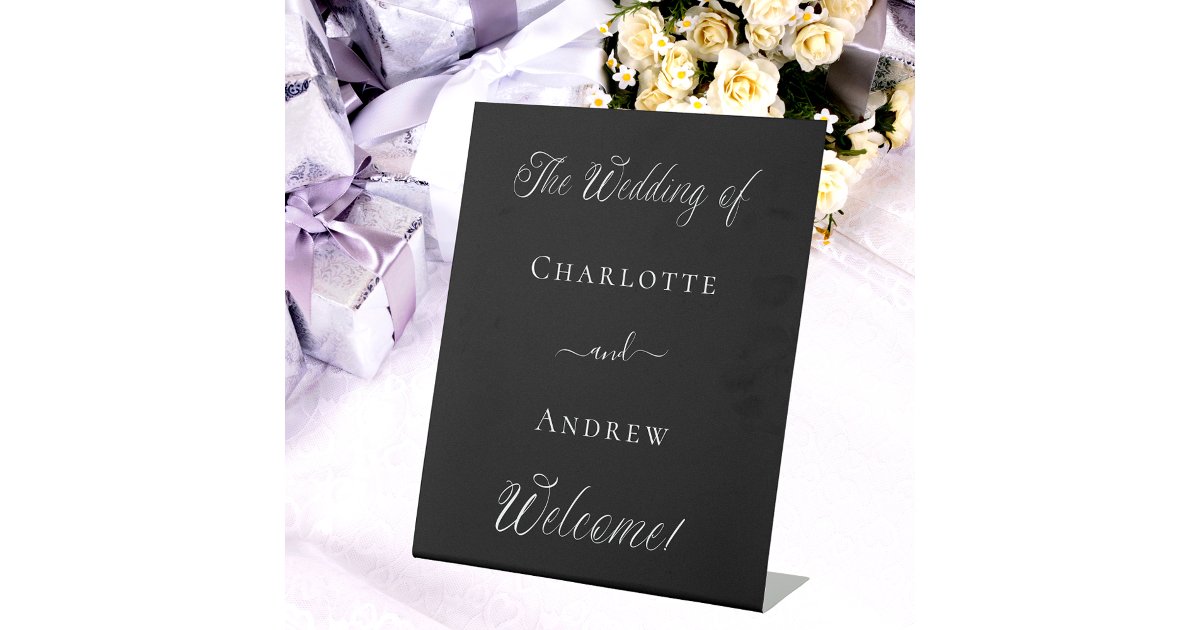 Wedding black white script welcome pedestal sign | Zazzle