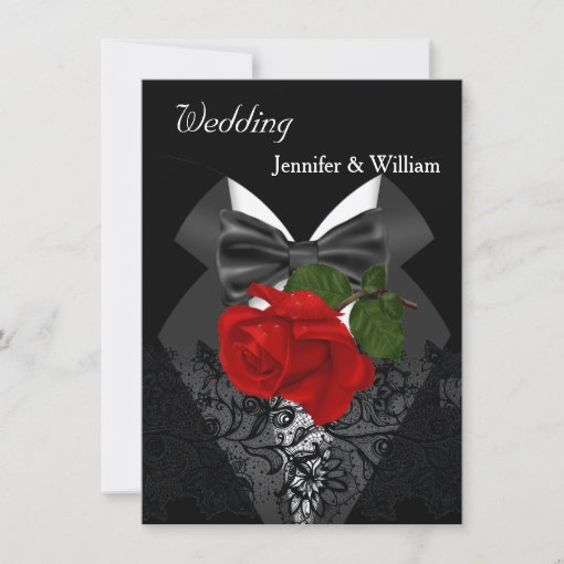 Wedding Black White Tuxedo Deep RED Rose 2d Invitation | Zazzle