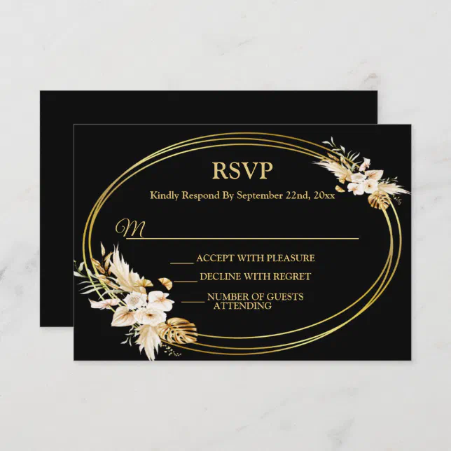Wedding Blush Pink Floral Golden Black Geometric Rsvp Card Zazzle