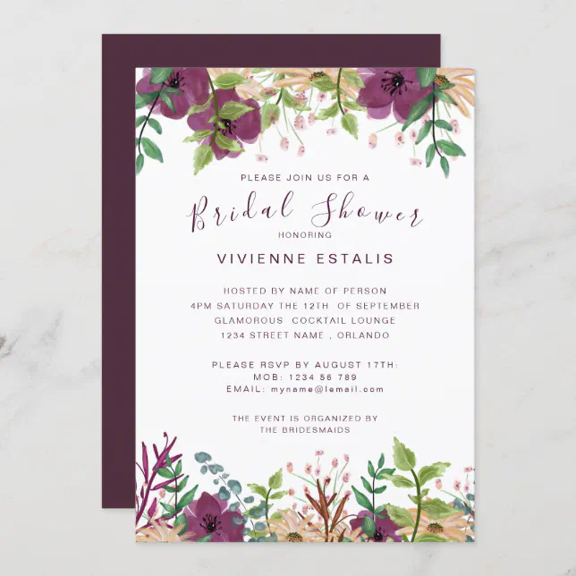Wedding bridal shower burgundy floral border invitation | Zazzle