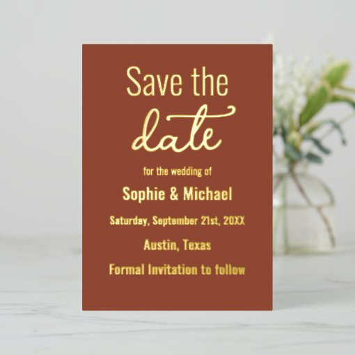 Wedding Brown Save the Date Terracotta Boho Foil Invitation | Zazzle