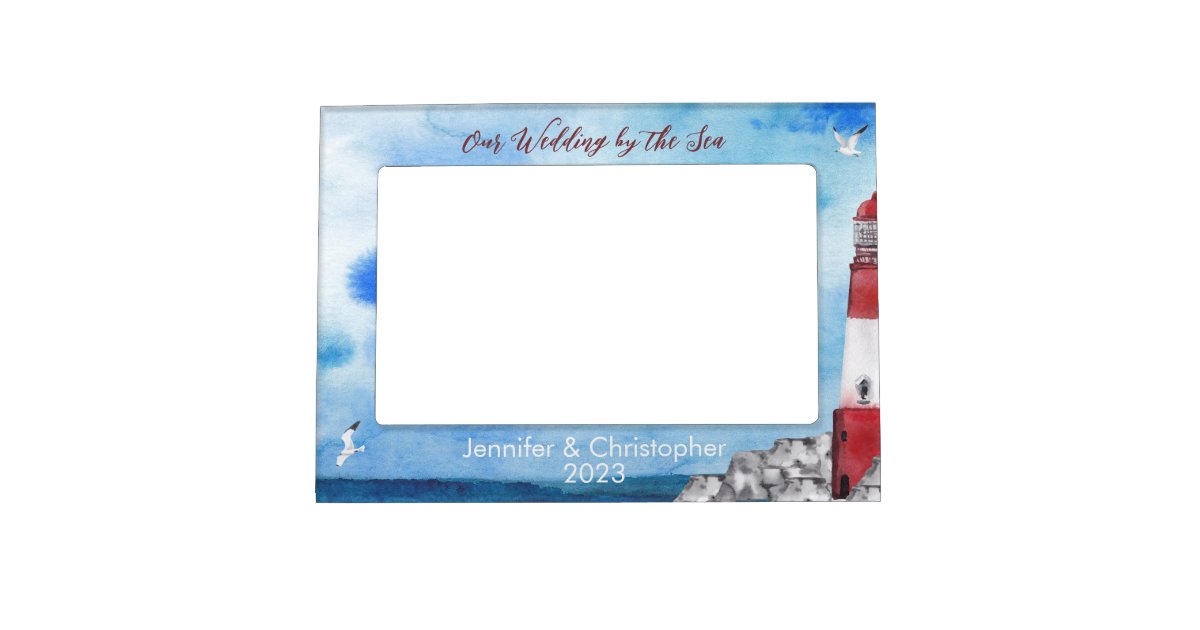 Wedding by the Sea Lighthouse Watercolor Scene Magnetic Frame | Zazzle