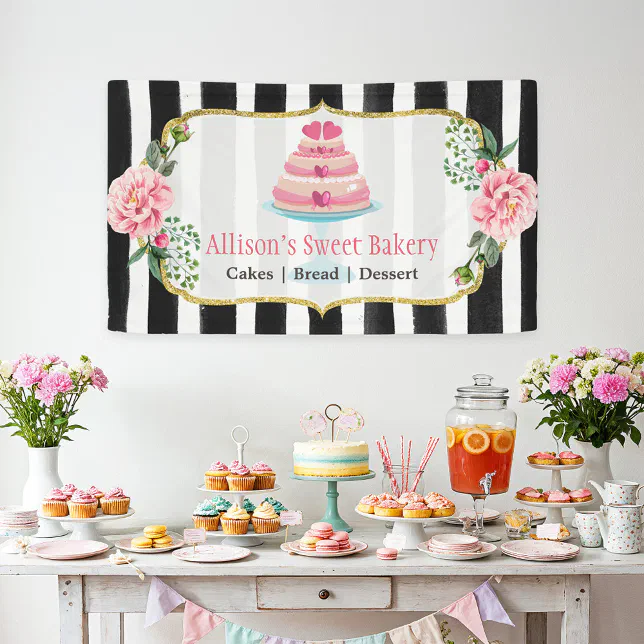 Wedding Cake Designer Gold Pink Floral Striped Banner | Zazzle
