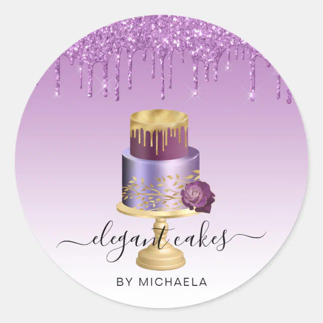 Wedding Cake Glitter Drip Purple Bakery Classic Round Sticker | Zazzle