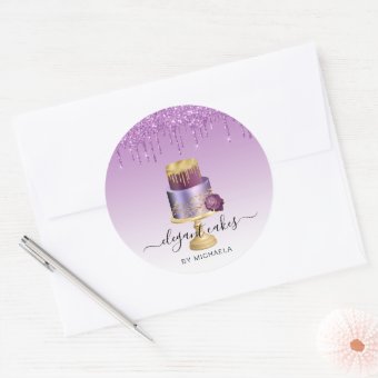Wedding Cake Glitter Drip Purple Bakery Classic Round Sticker | Zazzle