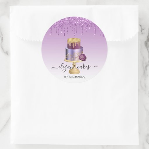 Wedding Cake Glitter Drip Purple Bakery Classic Round Sticker | Zazzle